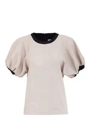 JULIA ALLERT Neutrals Puff Sleeve Faux Leather Top – Beige - Beige/black