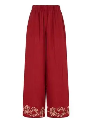 RAFFYA Milly Wide Leg Embroide Trouser In Berry - Red
