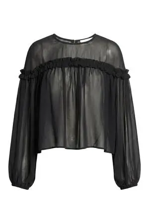 MODENAIRE Sheer Ruffle Blouse Fluid Silhouette - Black