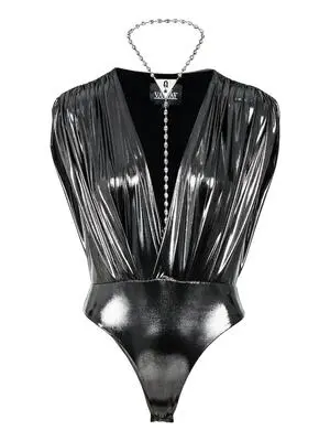 VAZAF Metallic Plunge Bodysuit With Crystal Chain Detail - Silver