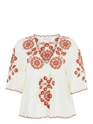 RAFFYA Aubrey White & Linen Blended Embroidered Blouse - Brown