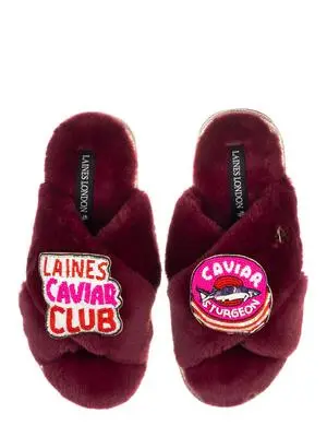 LAINES LONDON Classic Laines Slippers With Laines Caviar Club Brooches Burgundy - Red