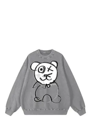 X ILONA BLUE Black / White / Grey Universal Fit Graffiti Teddy Bear Vintage Washed Cotton Platinum Crewneck - Black/white/grey