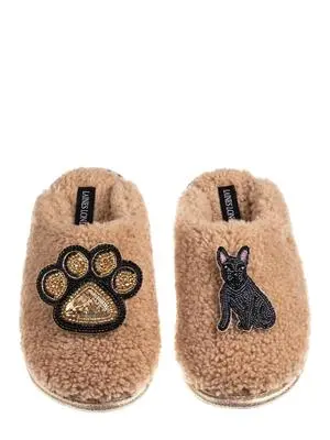 LAINES LONDON Embellished French Bulldog & Paw Slippers - Brown