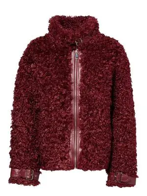 AMY LYNN Celeste Burgundy Faux Fur Shearling Coat With Leather Trim - Red