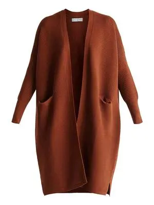 PAISIE Long Ribbed Cardigan - Brown