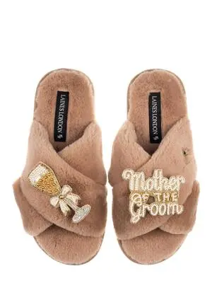 LAINES LONDON Embellished Faux Fur Slippers With Brooches - Brown