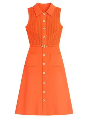 YUMI Rib Knitted Skater Dress With Buckle Detail - Orange