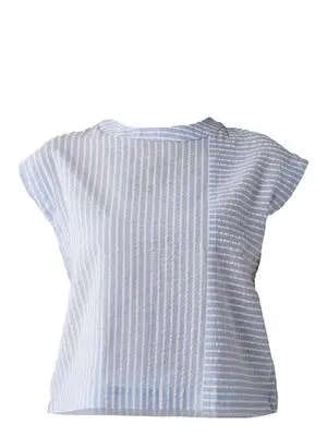 REISTOR Button-back Crew Neck Top In Stripes - Blue