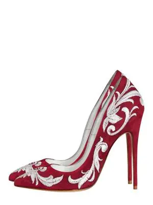 AETHRA SHOES Arel Burgundy Suede Embroide Pointed Toe Stiletto Pumps - Red