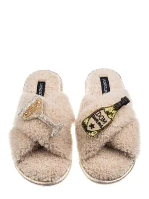 LAINES LONDON Neutrals Laines Neutral Boucle Slippers With Dom Darling Champagne Brooches Oatmeal - Brown
