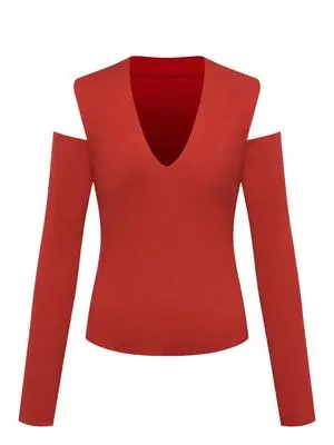 EMMA WALLACE Ribbed Wool Cold Shoulder V-neck Top - Red