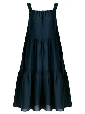ZENZEE Cotton Linen Gathered Strap Tiered Dress Navy - Blue