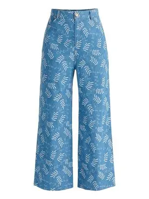 PAISIE Wide Leg Denim Trousers In Leaf Pattern In Light Denim - Blue