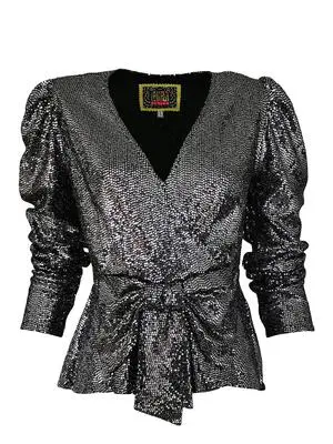 LALIPOP DESIGN Dark Silver Sequin Blouse With Peplum Hem - Grey