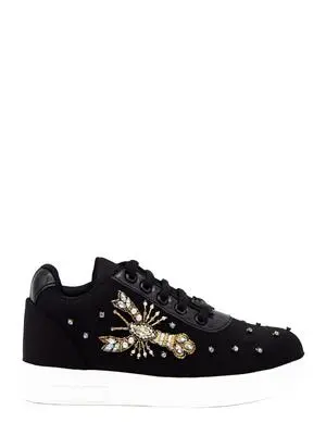 RETTROSE Handmade Embellished Lycra Lace-up Sneakers - Black