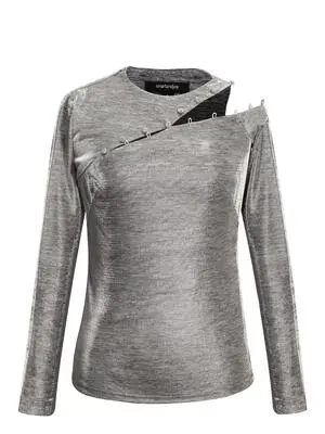 SMART AND JOY Asymmetric One Off-shoulder Shiny Top - Grey