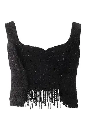 SOLGO ATELIER Tia Sleeveless Crop Top In Shimmering Tweed Bouclé With Beaded Fringes - Black