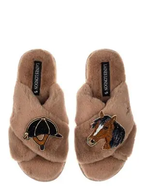 LAINES LONDON Embellished Faux Fur Cross Strap Slippers With Riding Hat & Horse Brooches - Toffee