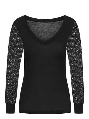 SOPHIE CAMERON DAVIES V-neck Jersey Lace Sleeve Top - Black
