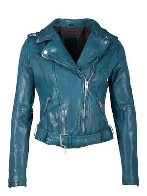 Mauritius Belted Slim Fit Leather Jacket Wild Teal - Blue
