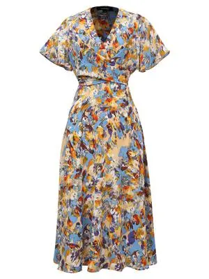 SMART AND JOY Wrap Midi Abstract Print Midi Dress Yellow - Blue