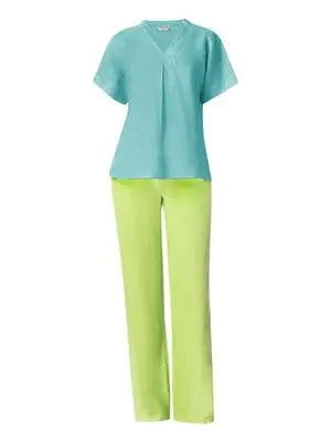 Haris Cotton Short Sleeved Linen Shirt With Front Pleat And V Neck Crystal - Blue