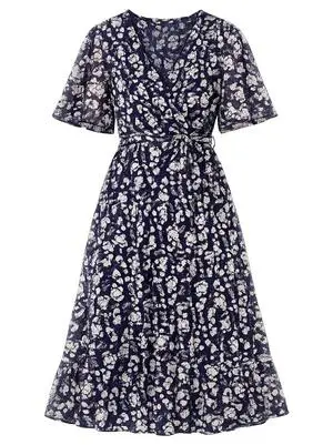 YUMI Navy Floral Mesh Wrap Dress - Blue