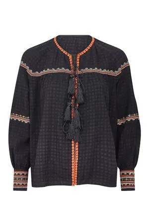 RAFFYA Shilo Embroidered Collarless Blouse - Black