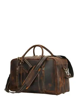 TOURI Genuine Leather Over Night Weekender Bag - Brown