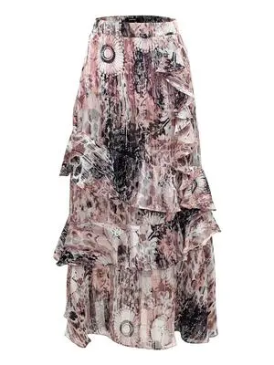 SMART AND JOY Long Chiffon Skirt With Ruffles Floral Print & Purple - Pink