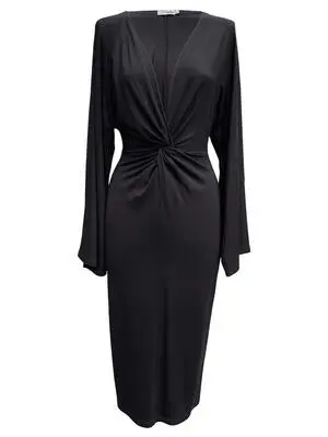 IMAATU Eclipse Knot Front Extremely Deep V-neck Sculpting Elastic Viscose Midi Dress Long Kimono Sleeves - Black