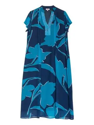 NIZA Printed Tropical Floral Midi Dress - Blue
