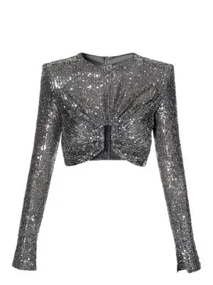 AGGI BY HALEWSKI Meg Diamond Sequined Long Sleeve Crop Top - Silver