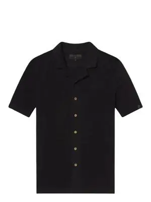 WESTON JON BOUCHER Mykonos Linen Blend Pointelle Knit Slim Fit Button Up Shirt - Black