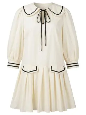 MODENAIRE Long Sleeve Mini Dress With Peter Pan Collar And Pleated Skirt - Yellow