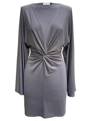 IMAATU Eclipse Knot Front Extremely Deep V-neck Sculpting Elastic Viscose Mini Dress Long Kimono Sleeves - Grey