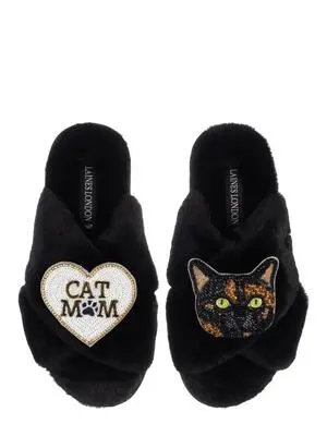 LAINES LONDON Classic Slippers With Embellished Cat Brooches - Black