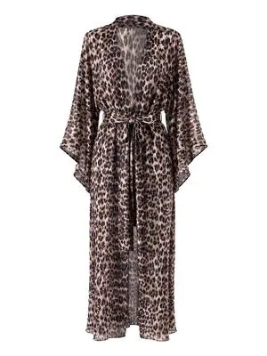 Loveist Store Leopard Print Silky Satin Kimono - Brown