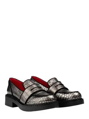 ROSAMUND MUIR LONDON Black / Silver Stratford Pewter Metallic Crocodile Print Loafers - Black/silver