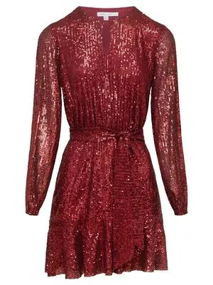 URBAN TOUCH Sequin Skater Dress With Long Sleeve Burgundy - Red