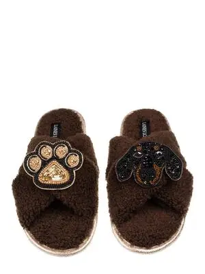 LAINES LONDON Sausage Dog & Paw Boucle Slippers - Brown