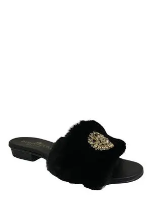 DAMAPREZIOSA Victoria Flat Sandal In Faux Fur With Crystals - Black
