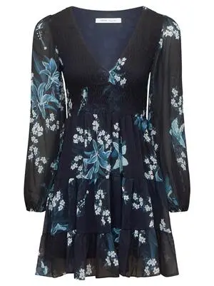 URBAN TOUCH Floral Print Long Sleeve Smock Dress Navy - Blue