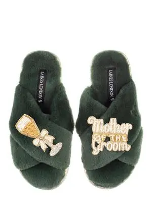 LAINES LONDON Laines London "Mother Of The Groom" Embellished Faux Fur Slippers Green