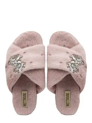 RETTROSE Handmade Embellished Faux Fur Slippers - Grey