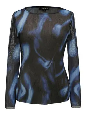 SMART AND JOY Abstract Print Mesh Long Sleeves Top - Blue