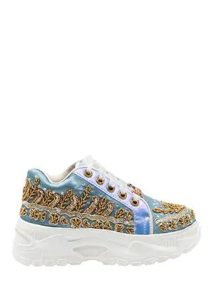RETTROSE Petra Luxury Dusky Satin Handmade Embellished Trainers Blue