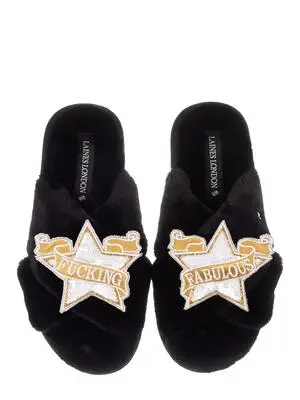 LAINES LONDON Classic Faux Fur Slippers With Embellished Brooches - Black