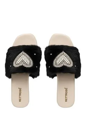 RETTROSE Lilah Luxury Plush Diamanté Embellished Handmade Sliders - Black